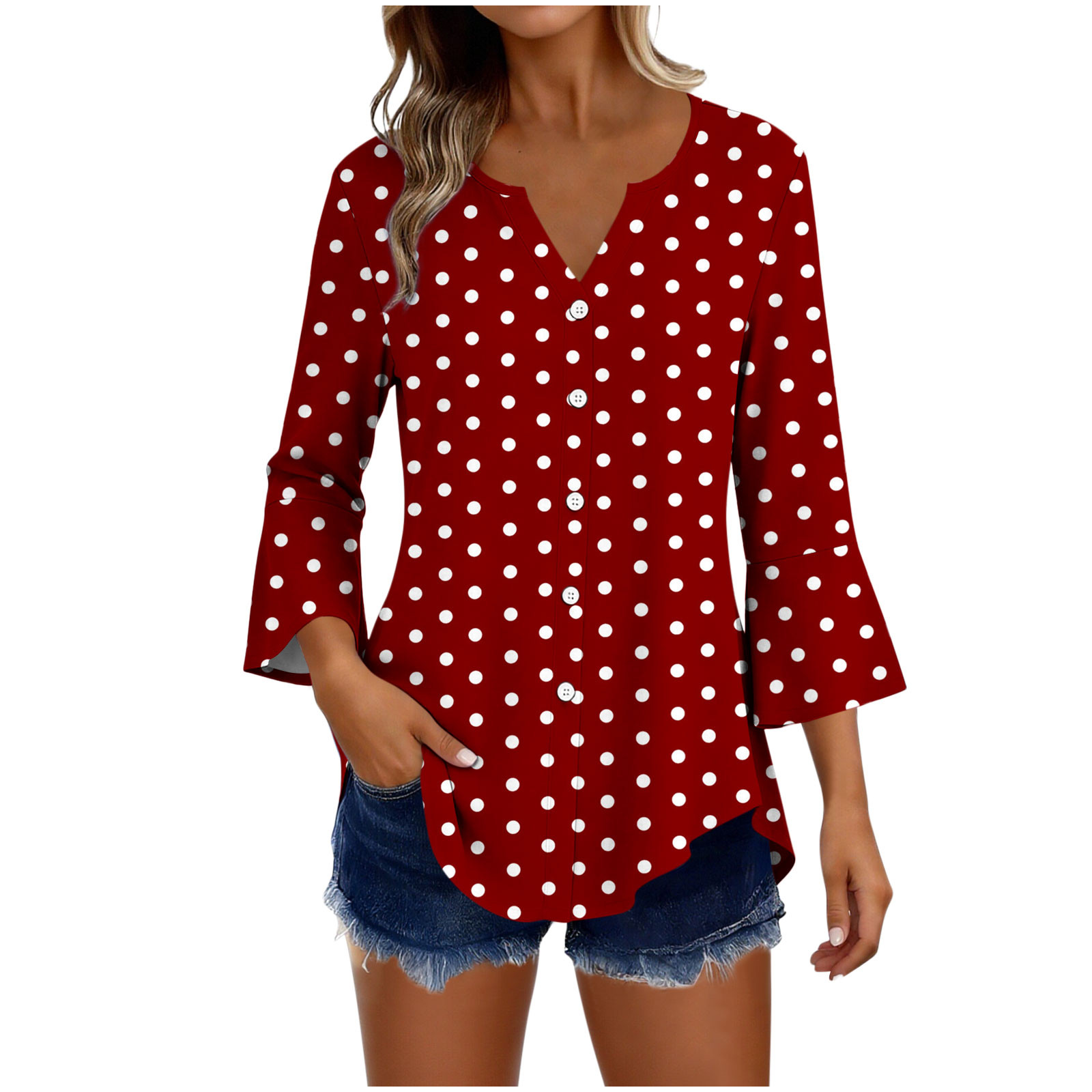 Olyvenn Women's Summer Boho Polka Dot 3/4 Sleeve Blouse, V-Neck Button ...