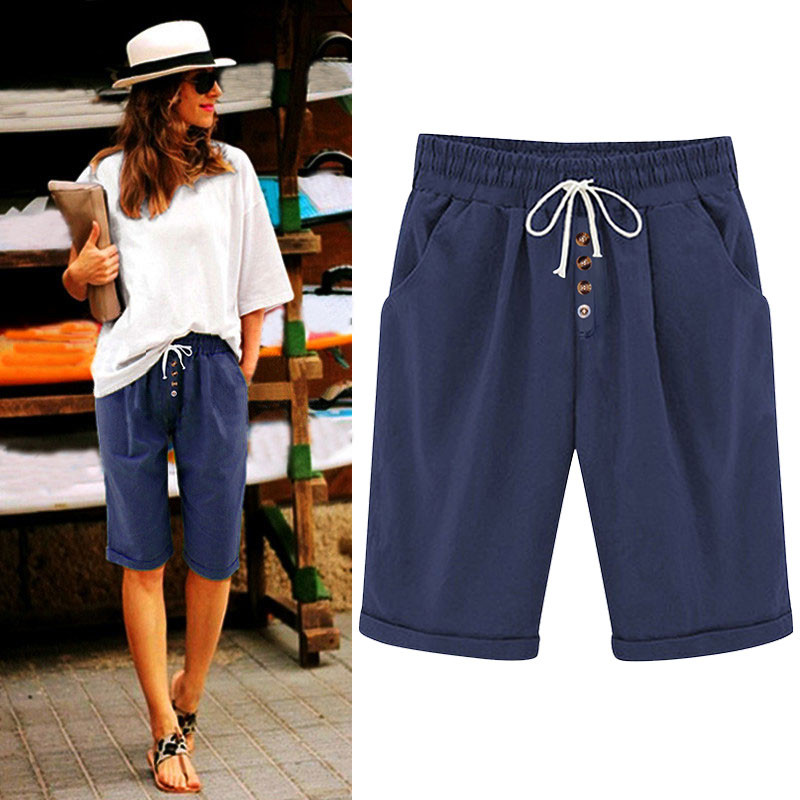 Olyvenn Women's Knee Length Bermuda Shorts Elastic Waist Drawstring Buttons Cotton Linen Shorts ...